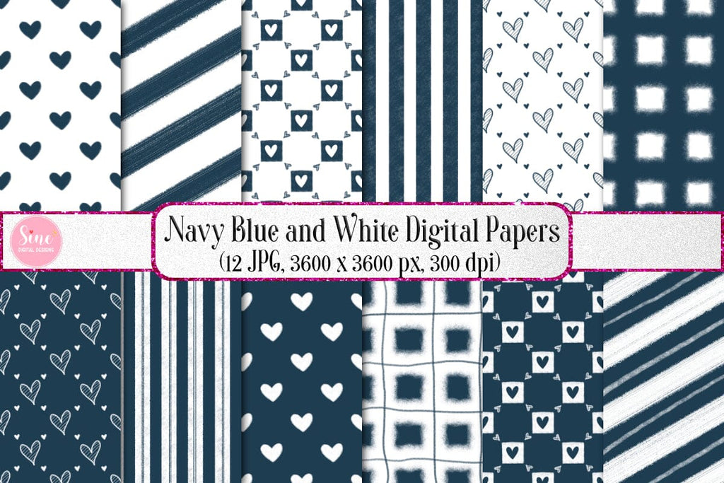 Navy Blue and White Valentines Digital Papers Backgrounds Set - So Fontsy