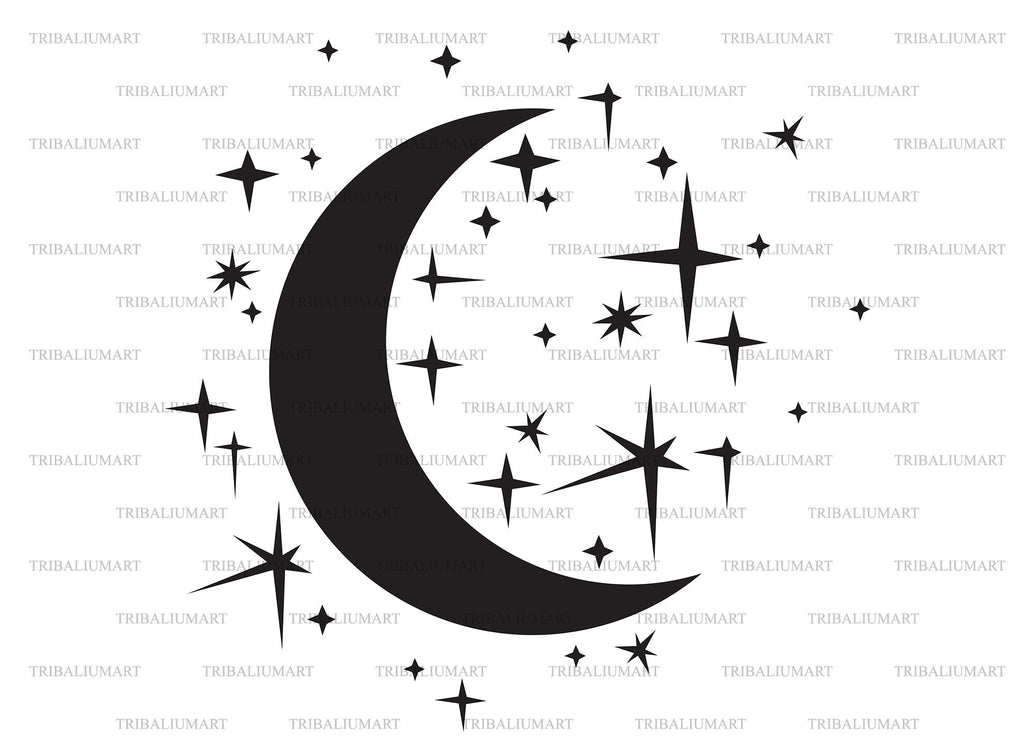 Night moon and stars (crescent). Cut files for Cricut. Clip Art ...