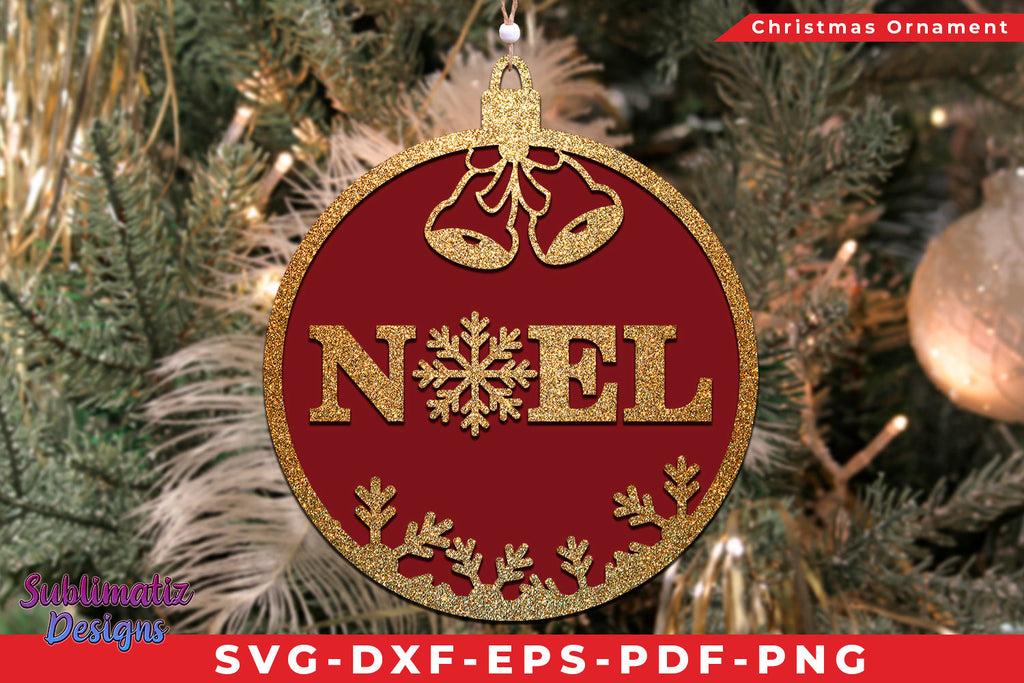 Noel and Bells Christmas Ornament SVG Cut File - So Fontsy