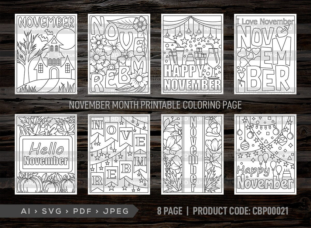 November Month Printable Coloring Page Bundle, PDF Colouring Book, Ins ...