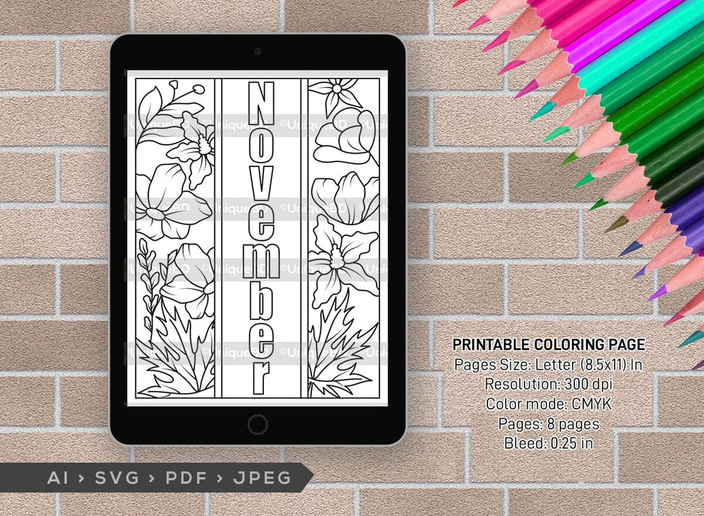 November Month Printable Coloring Page Bundle, PDF Colouring Book, Ins ...