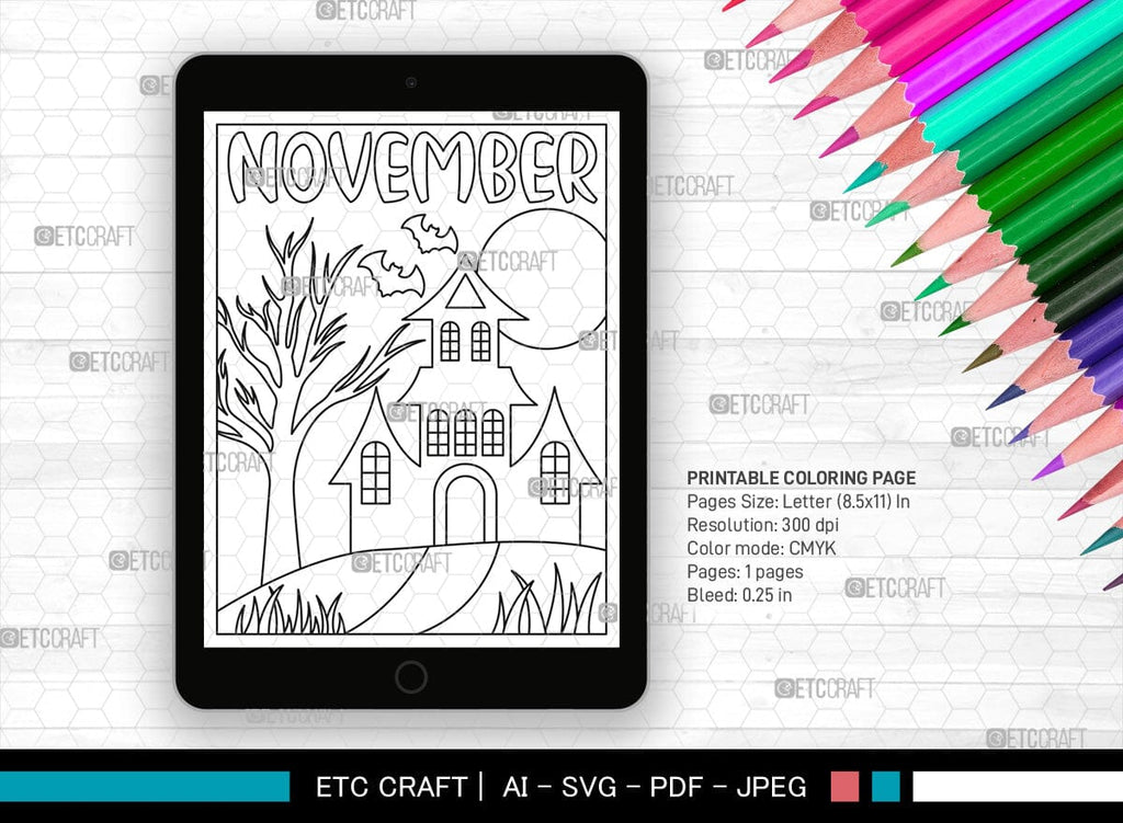 November Month Printable Coloring Page Cut File, PDF Colouring Book ...