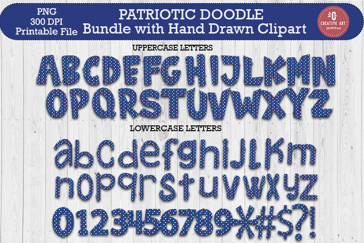 Patriotic Doodle Alphabet Bundle with Hand Drawn Clipart - So Fontsy