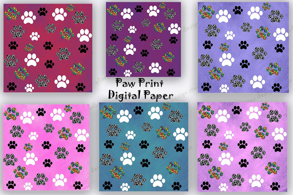 Paw Prints Pattern Digital Paper, dog cat paws prints,rainbow colors,T ...
