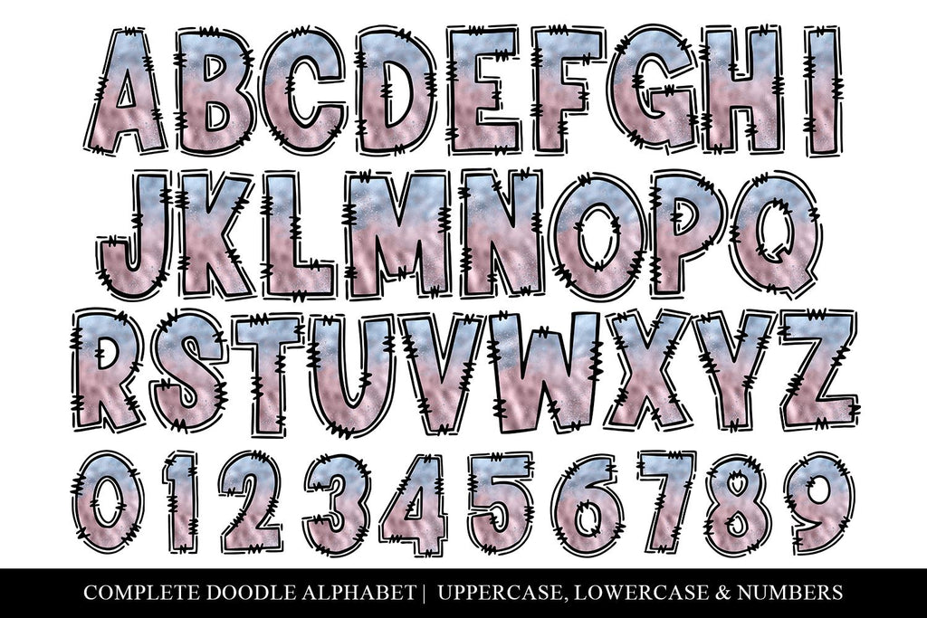 Pink & Blue Glitter Doodle Letters Png - So Fontsy