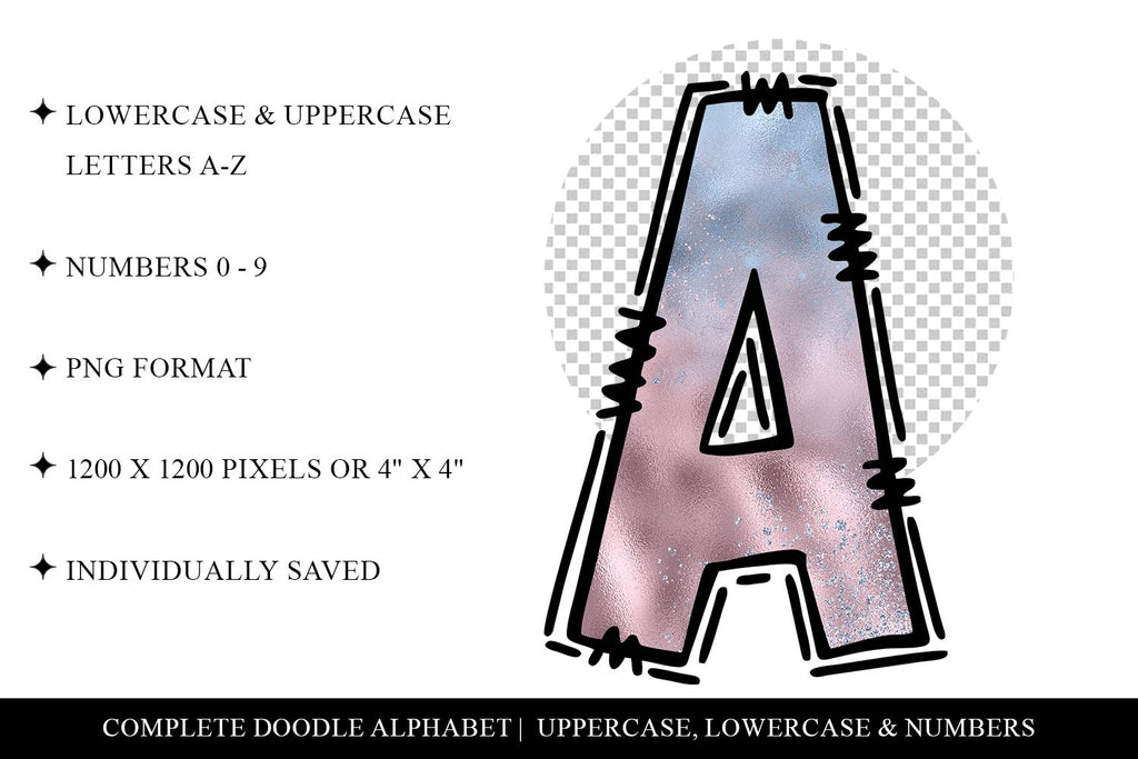 Pink & Blue Glitter Doodle Letters Png - So Fontsy