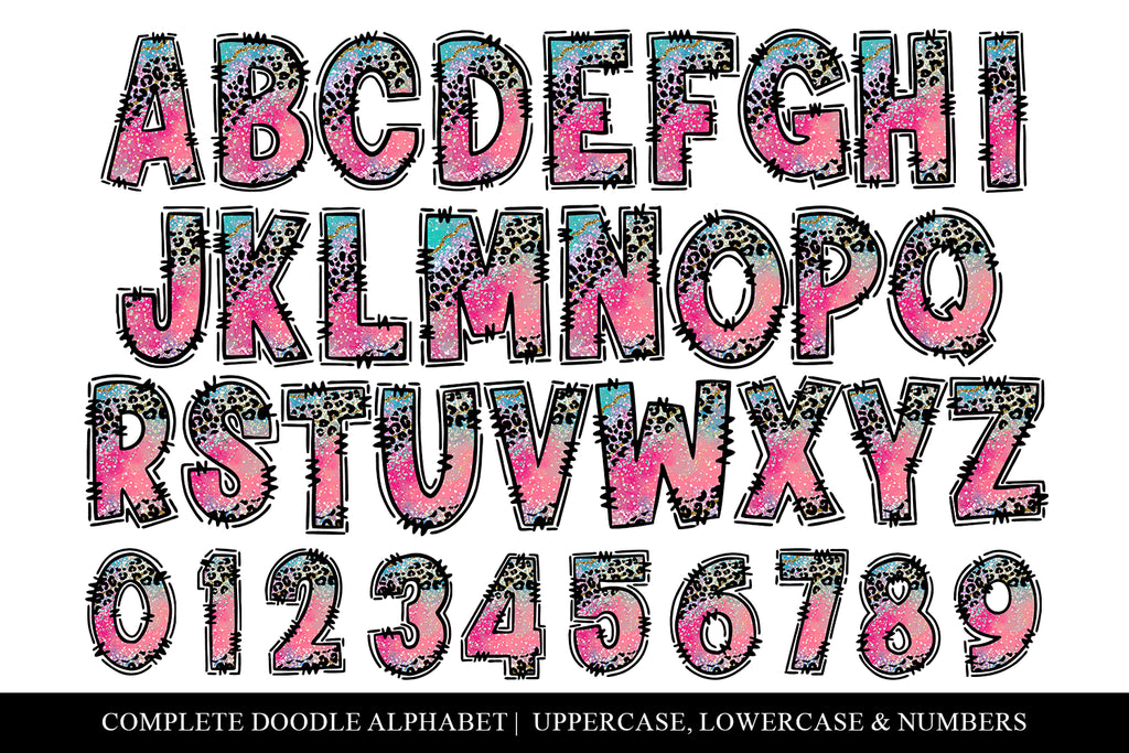 Pink Cheetah Agate Glitter Doodle Letters Alphabet Set - So Fontsy