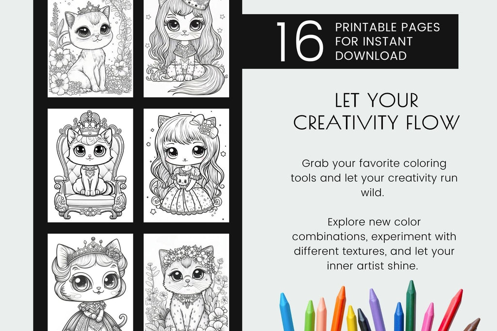 Princess Cat Coloring Book, Printable Coloring Page Bundle - So Fontsy