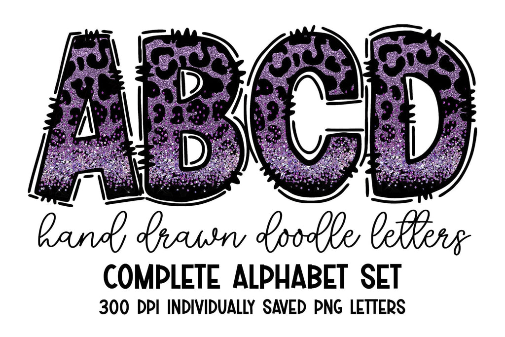 Purple Leopard Print Glitter Doodle Letters Alphabet Set - So Fontsy