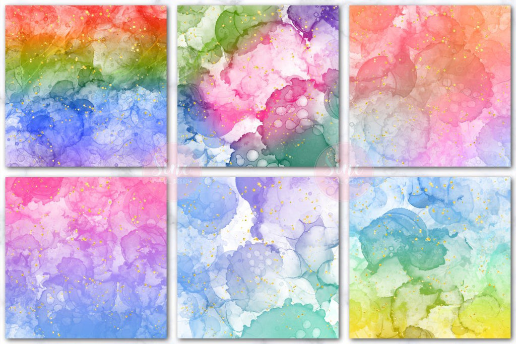 Rainbow Alcohol Ink Glitter Backgrounds Digital Papers - So Fontsy
