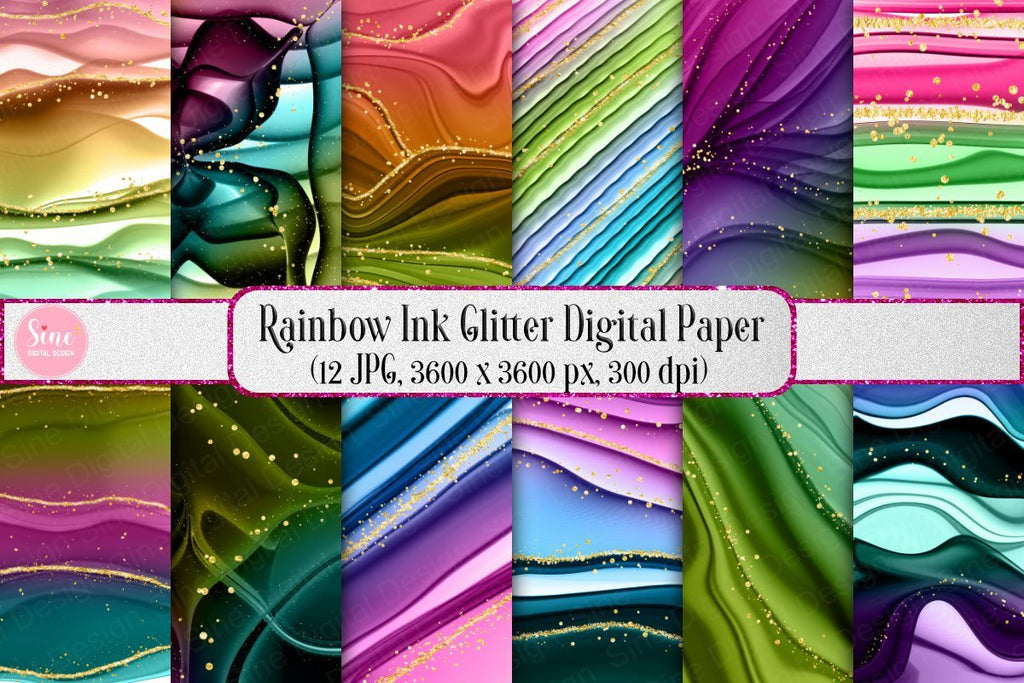 Rainbow Ink Glitter Background Digital Papers - So Fontsy