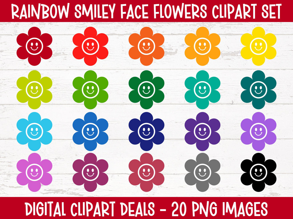 Rainbow Smiley Face Clipart Set - 20 Colorful Flower Elements - Digital ...