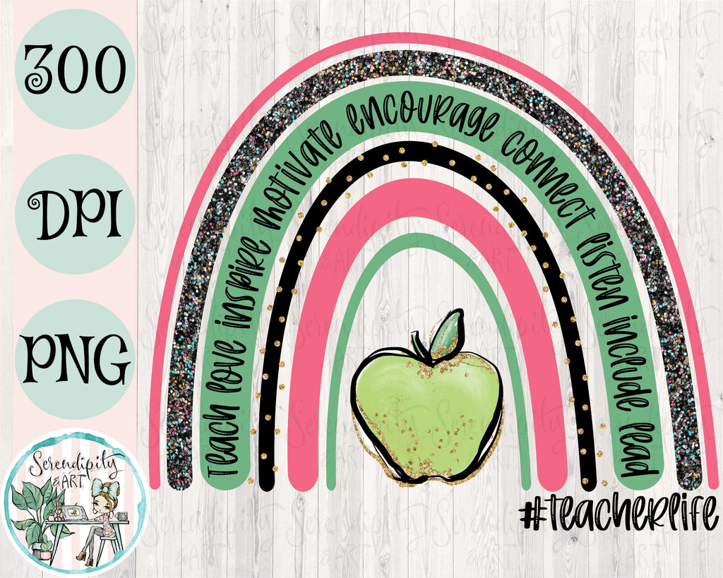 Rainbow Teacher Life - Green Apple - PNG - So Fontsy