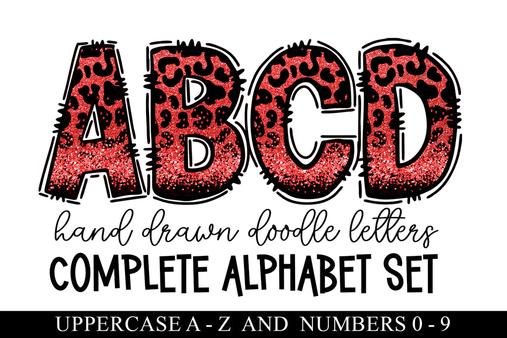 Red Leopard Print With Glitter Doodle Letter Alphabet Set - So Fontsy