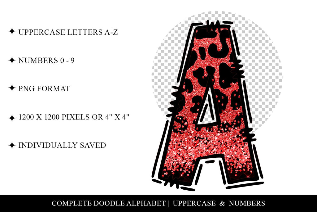 Red Leopard Print With Glitter Doodle Letter Alphabet Set - So Fontsy
