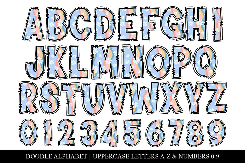 Retro Wavy Daisy Hand Drawn Doodle Letter Alphabet Set - So Fontsy