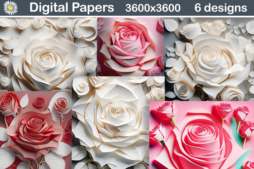 Roses Digital Paper | 3D Roses Background - So Fontsy