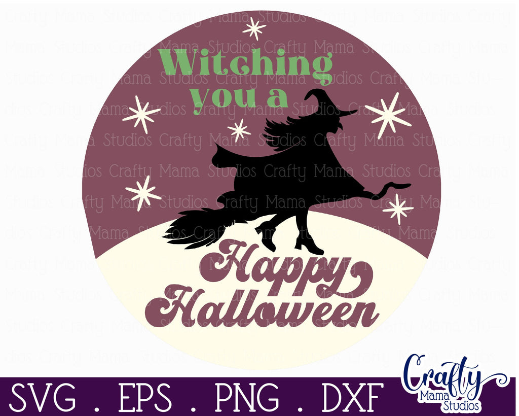 Round Retro Halloween Sign Svg, Witching You Happy Halloween - So Fontsy