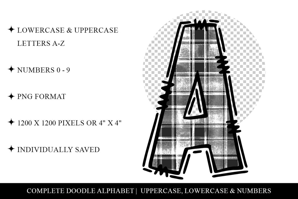 Rustic Buffalo Plaid Doodle Letters, Sublimation Alphabet - So Fontsy