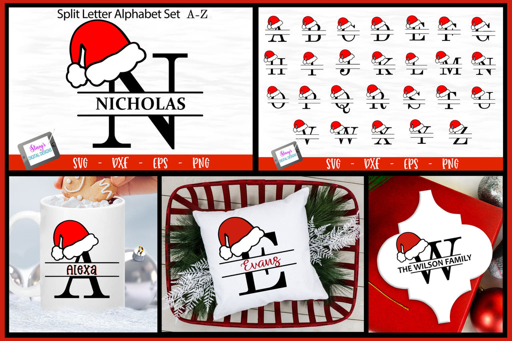 Santa Hat Split Letters A-Z - 26 Christmas Split Monograms - So Fontsy