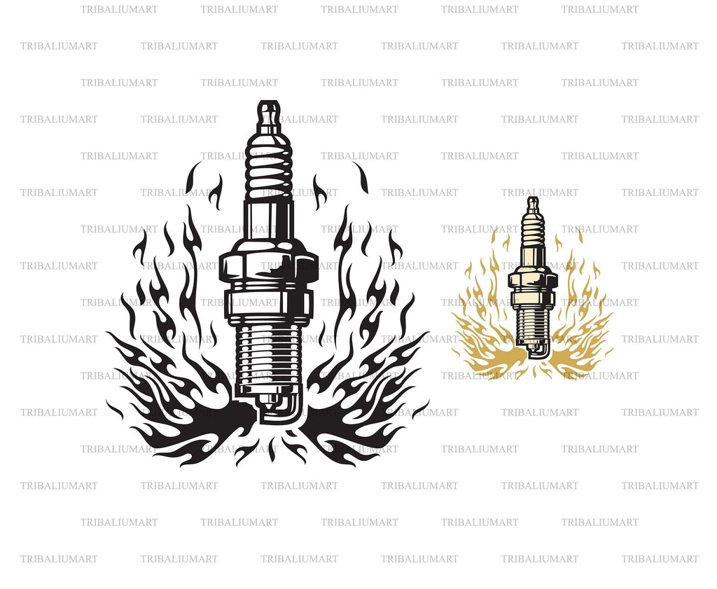Spark Plug with Flame. Cut files for Cricut. Clip Art silhouette (eps, svg, pdf, png, dxf, jpeg ...