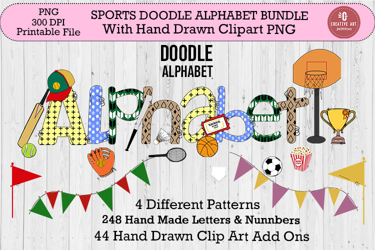 Sports Doodle Alphabet Bundle with Hand Drawn Clipart PNG - So Fontsy