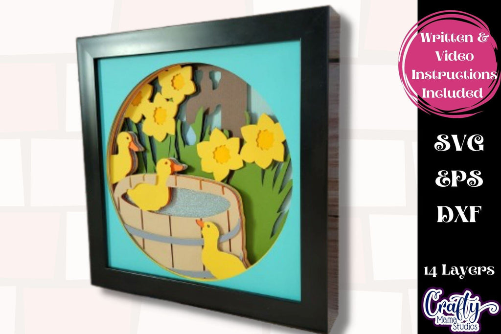 Spring Duck Svg Shadow Box, 3D Layered Ducklings Swimming - So Fontsy