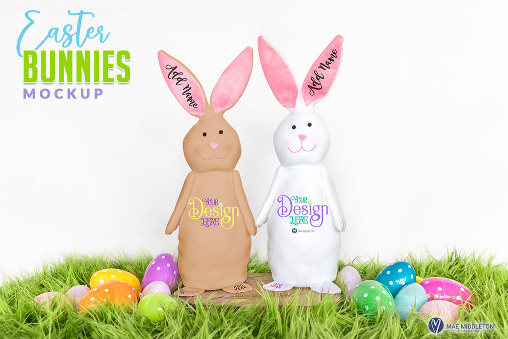 Stuffed Brown and White Easter Bunnies Mockup - So Fontsy