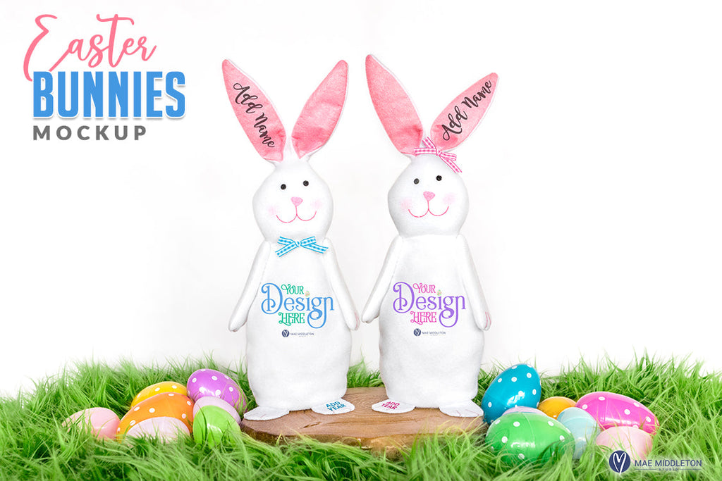 Stuffed White Easter Bunnies with Bows | Easter Mockups - So Fontsy