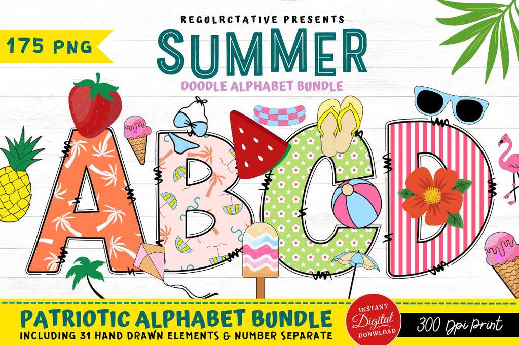 Summer Doodle Alphabet Bundle with Hand Drawn Clipart - So Fontsy