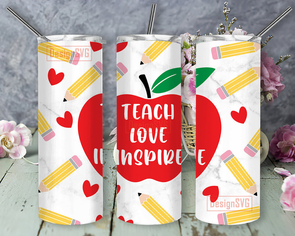 Teach Love Inspire 20oz Skinny Tumbler, Pencil Tumbler Png, Teacher ...