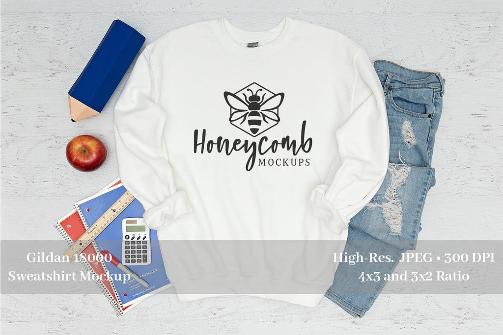 Teacher Mockup, White Gildan 18000 Mockup, School Mockup - So Fontsy