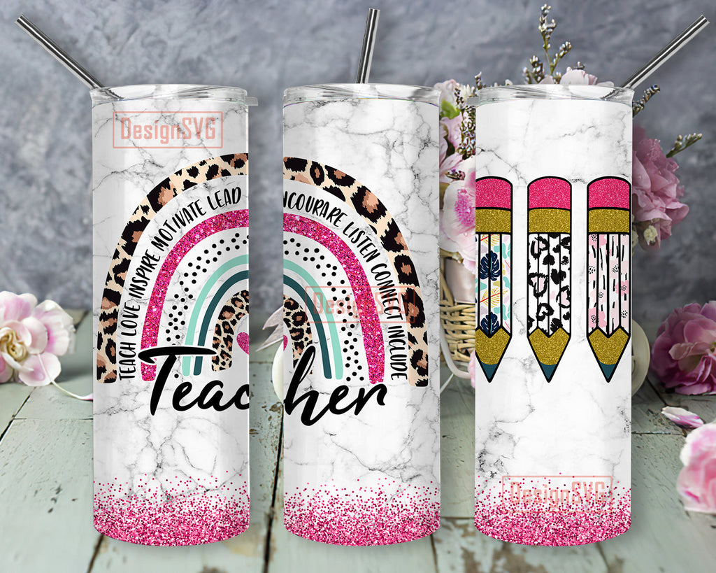 Teacher Pink Glitter Tumbler Png, Rainbow Leopard Glitter 20oz Skinny ...