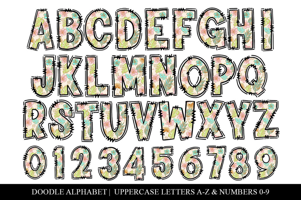 Tropical Floral Alphabet Doodle Letters - Uppercase & Number - So Fontsy