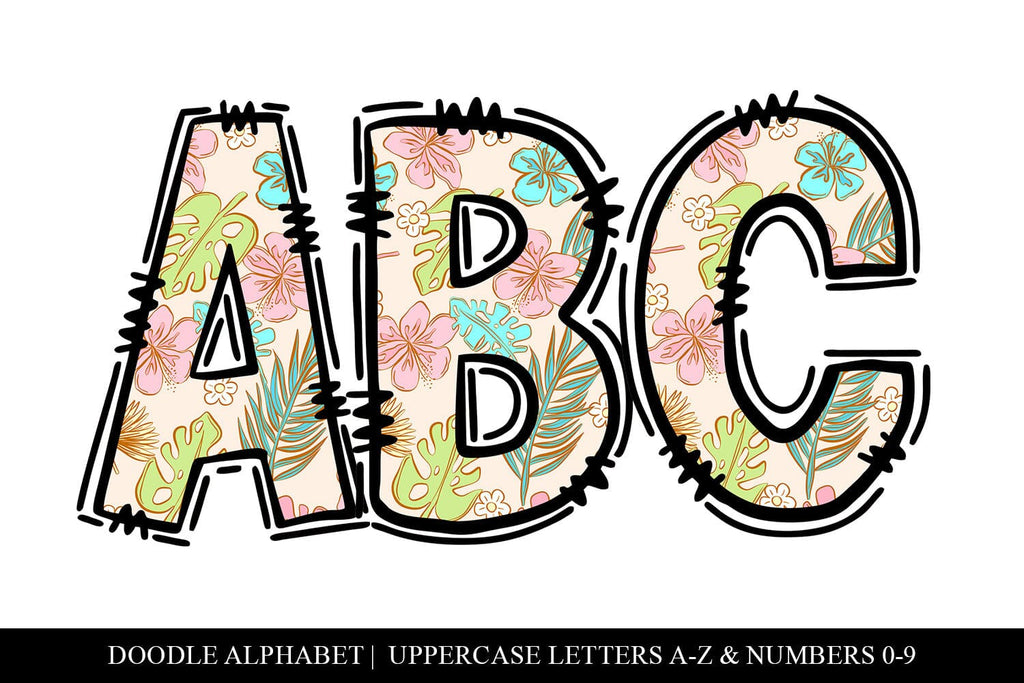 Tropical Floral Alphabet Doodle Letters - Uppercase & Number - So Fontsy