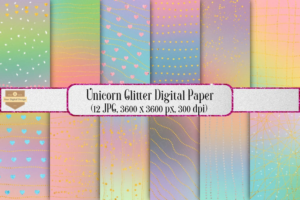 Unicorn Glitter Background Digital Paper Pack - So Fontsy
