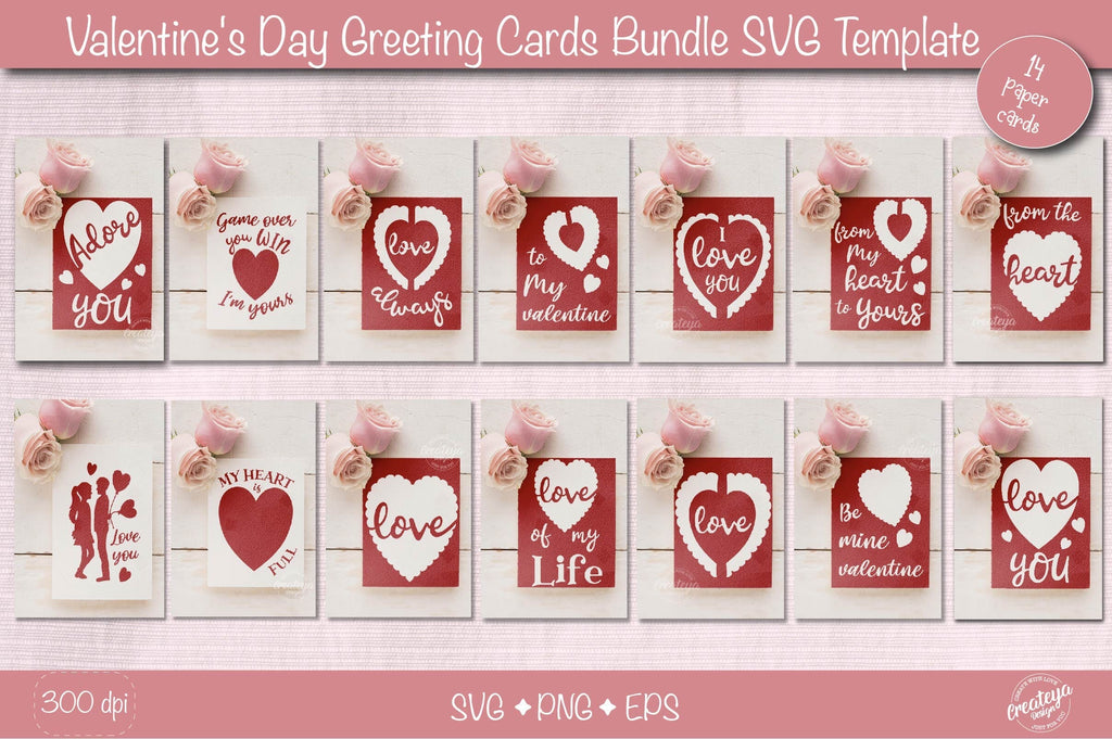 Valentine Card Bundle SVG| Heart card SVG| Love cards template| Paper ...