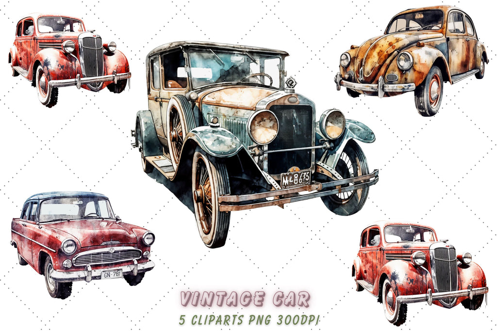 Vintage Car Watercolor Clipart Bundle - So Fontsy