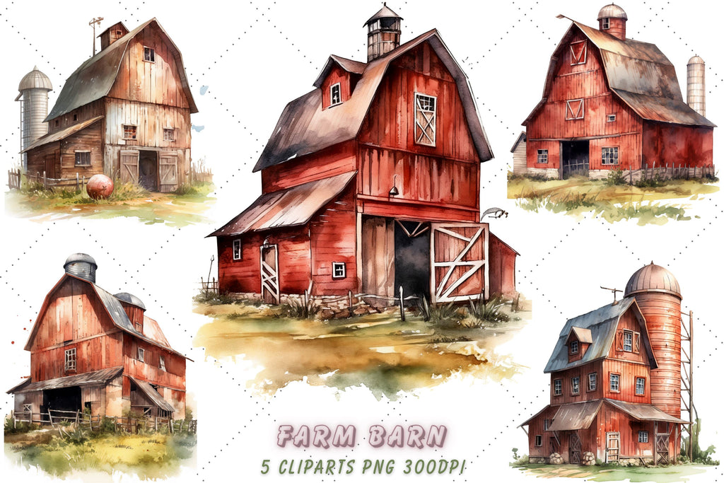 Vintage Farm Barn Watercolor Clipart Bundle, Sublimation, Mauve Farm ...