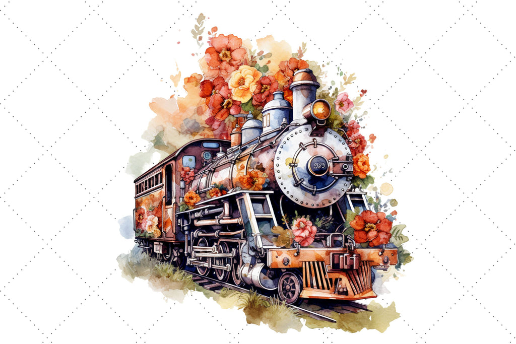 Vintage Floral Train Watercolor Clipart Bundle, Sublimation, Floral ...