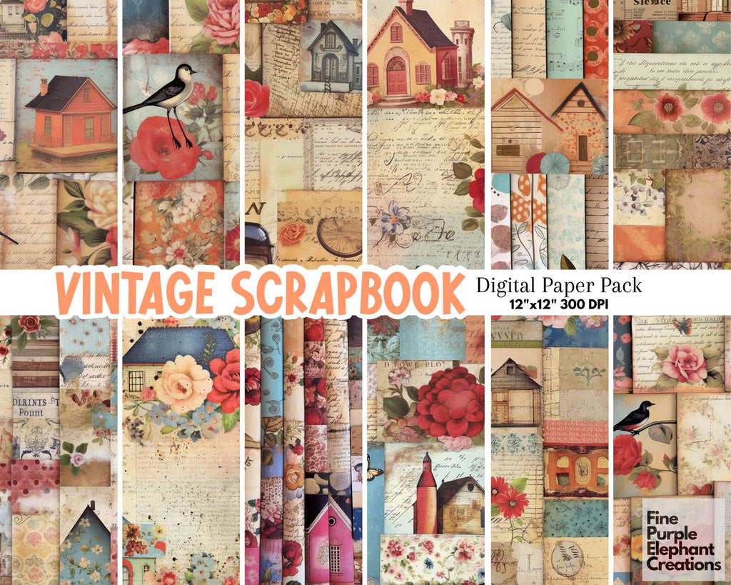 Vintage Scrapbook Style Digital Paper | Stylized Junk Journal - So Fontsy
