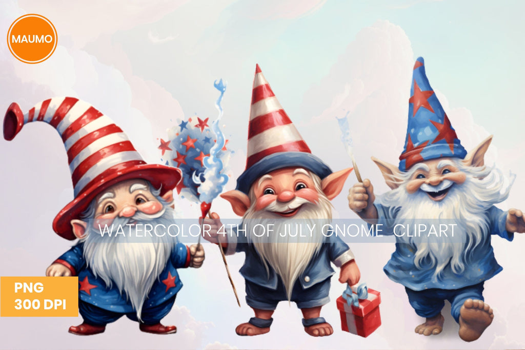 Watercolor 4th of July Gnome Clipart - So Fontsy