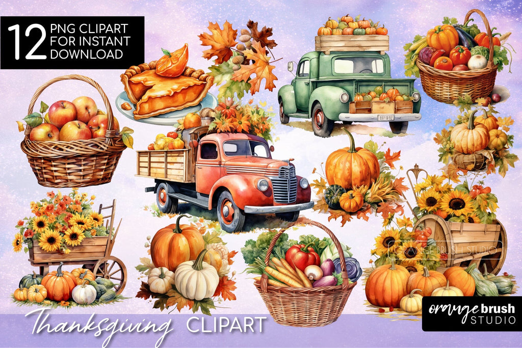 Watercolor Autumn Clipart, Thanksgiving Sublimation Bundle - So Fontsy