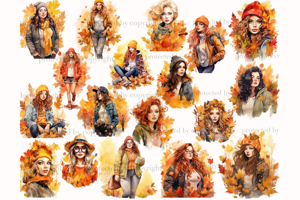 Watercolor Autumn Girl Clipart | Fashion Illustration Bundle - So Fontsy
