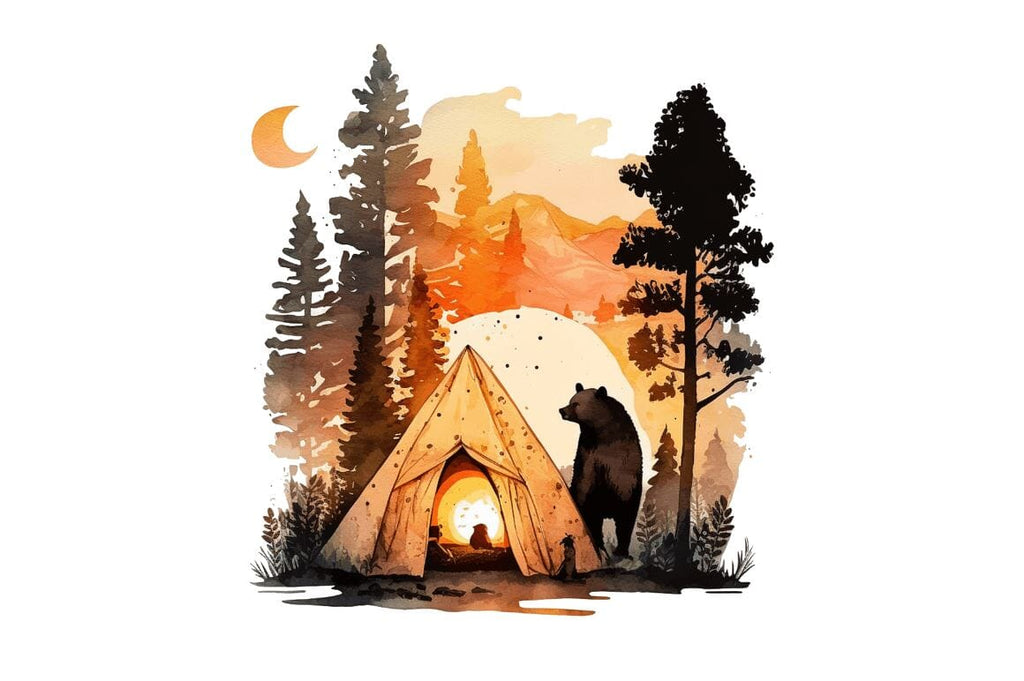 Watercolor Bear Camping at Sunset Clipart Bundle - So Fontsy