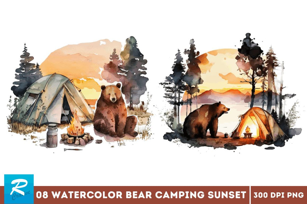Watercolor Bear Camping at Sunset Clipart Bundle - So Fontsy
