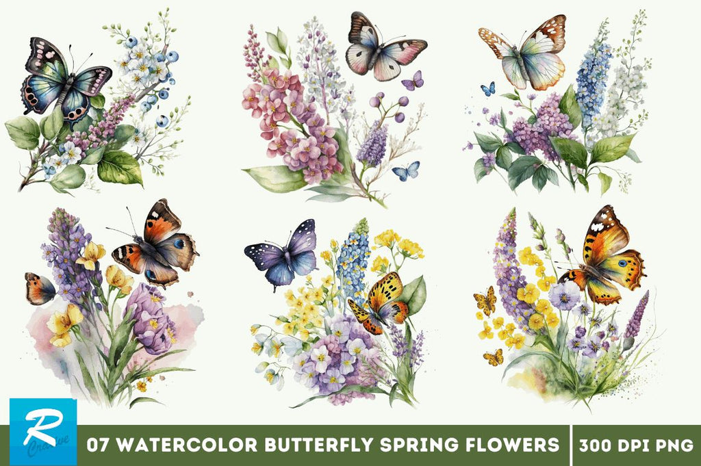 Watercolor Butterfly and Spring Flowers Bundle - So Fontsy