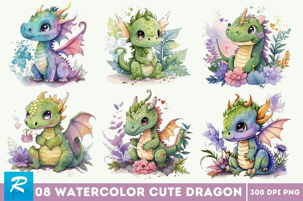 Watercolor Cute Dragon CLIPART Bundle - So Fontsy
