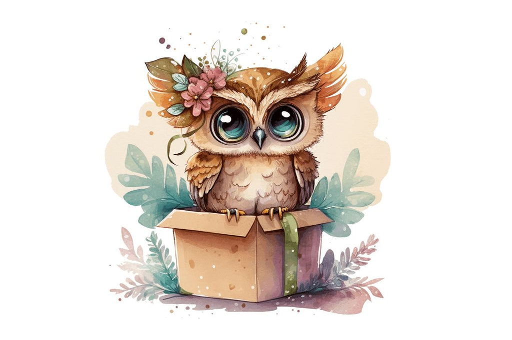 Watercolor Cute Owl Girl in Gift Box Clipart Bundle - So Fontsy
