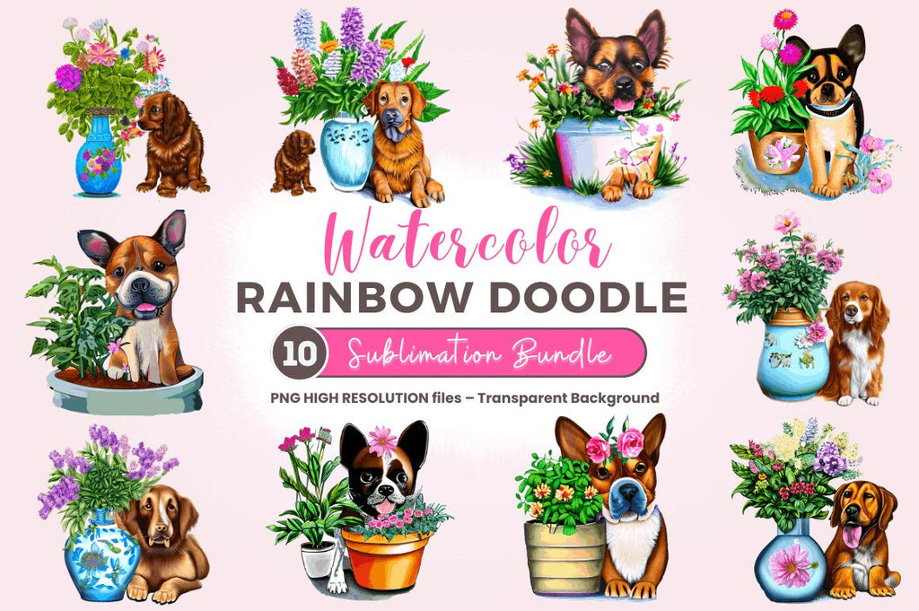 Watercolor Dog Floral Clipart Bundle - So Fontsy